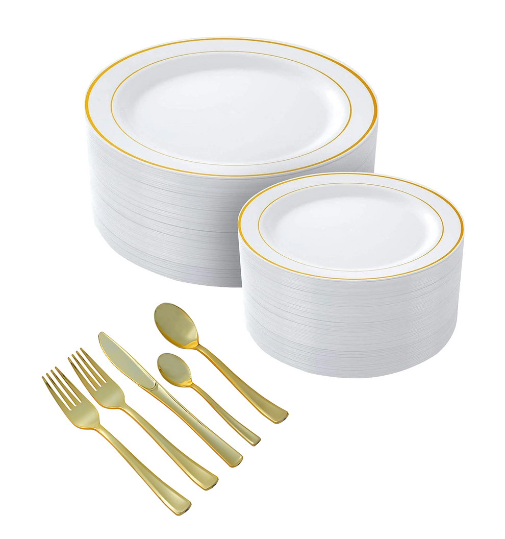 350-Piece, Gold rim plates & Silverware set + ALL ORDERS SHIP FREE ...